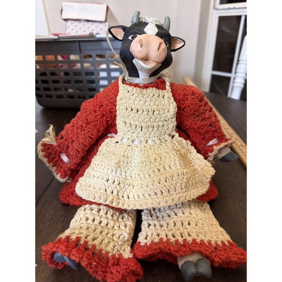 Art | Vintage Cow Figurine Doll 13 Farmhouse Decor Handmade Crocheted ...